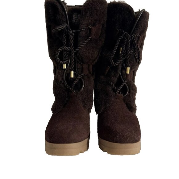 Coach | Shoes | Coach Mandy Shearling Suede Wedge Booties Size 65 Brown ...